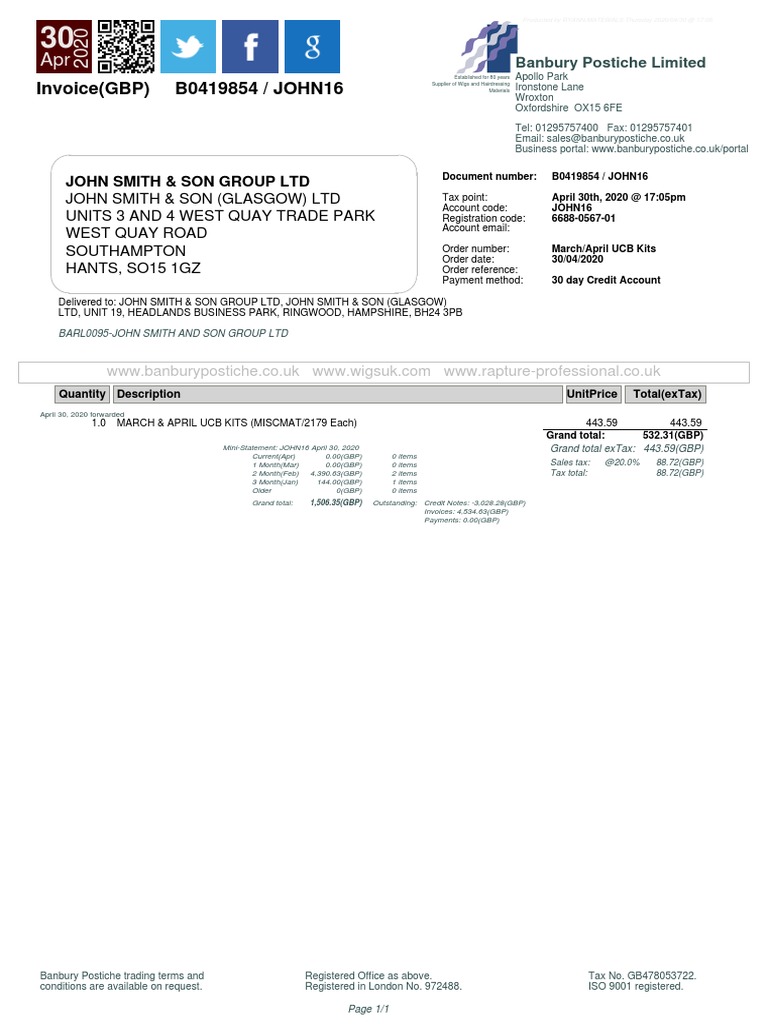 Invoice (GBP) B0419854 / JOHN16: John Smith & Son Group LTD | PDF ...