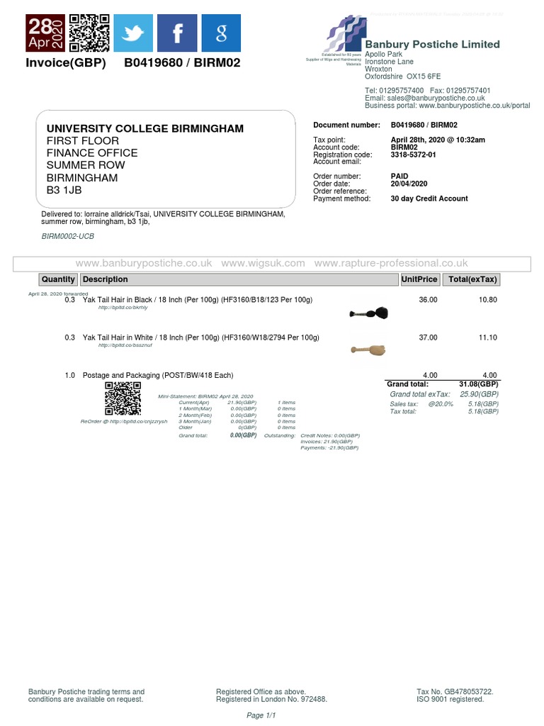 Invoice (GBP) B0419680 / BIRM02: University College Birmingham | PDF ...
