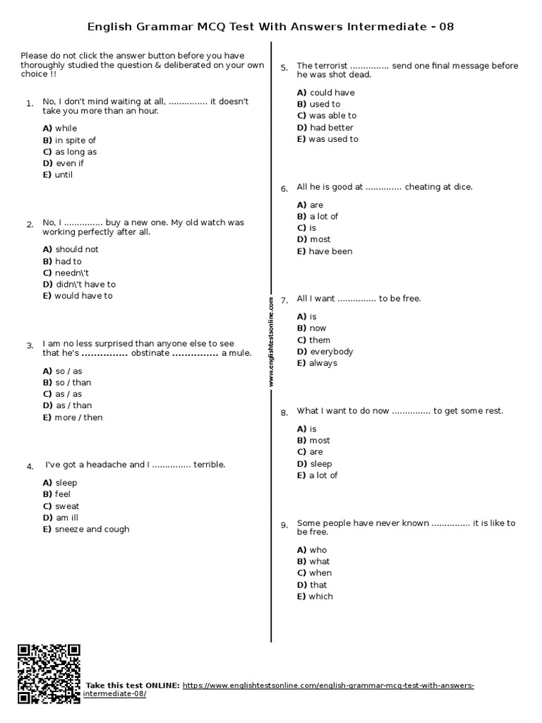 English Grammar MCQ Test 08 | PDF
