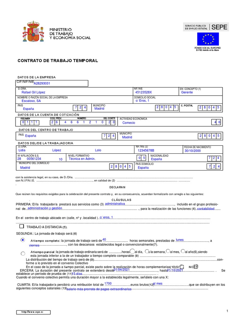 Contrato de Trabajo Temporal Modelo SEPE | PDF | Tiempo de trabajo | Jubilación