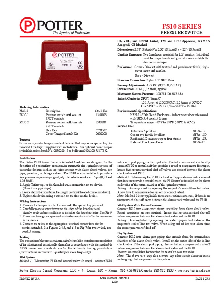 Ps10 Series: Pressure Switch | PDF | Switch | Fire Sprinkler System