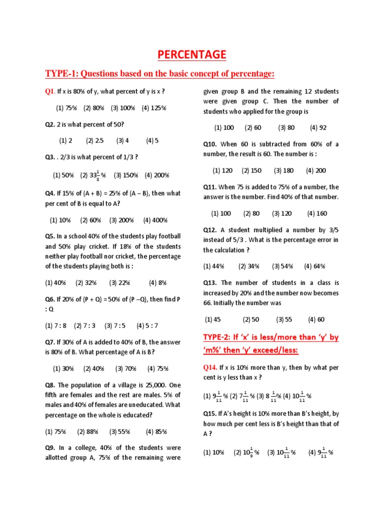 Percentage: TYPE-1: Questions Based On The Basic Concept of Percentage ...