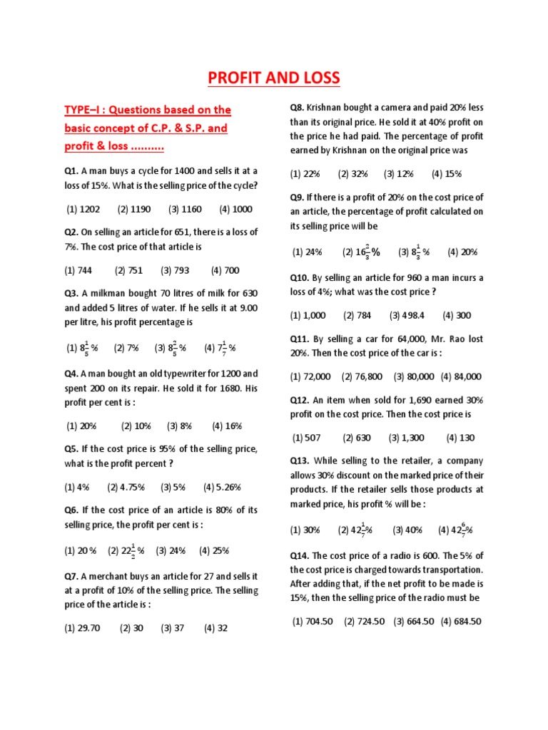 Profit and Loss: TYPE-I: Questions Based On The Basic Concept of C.P ...