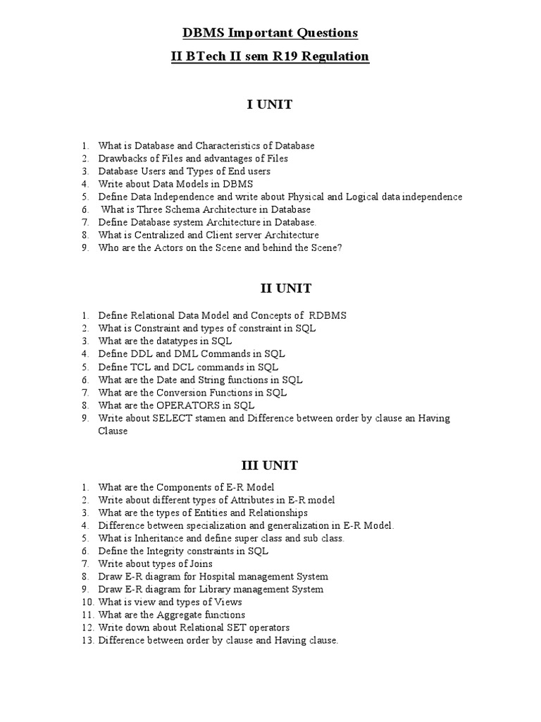 DBMS - UNIT Wilse Important Questions | PDF | Relational Database | Sql DBMS - UNIT Wilse Important Questions | PDF | Relational Database | Sql