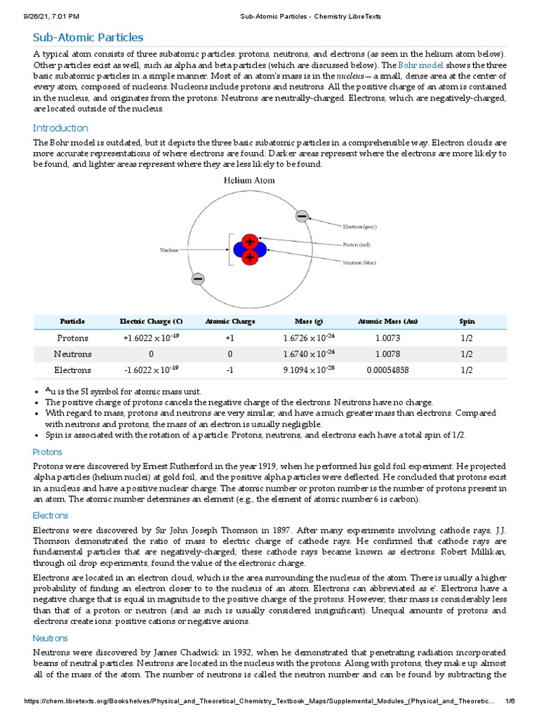 Sub-Atomic Particles - Chemistry LibreTexts | PDF | Proton | Atoms