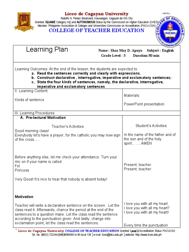 Grade 3 Lesson Plan: Types of Sentences | PDF | Question | Sentence ...