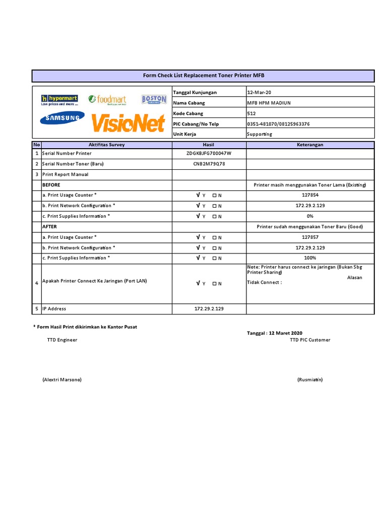 Checklist Replacement Toner Printer MFB Maret 2020 | PDF