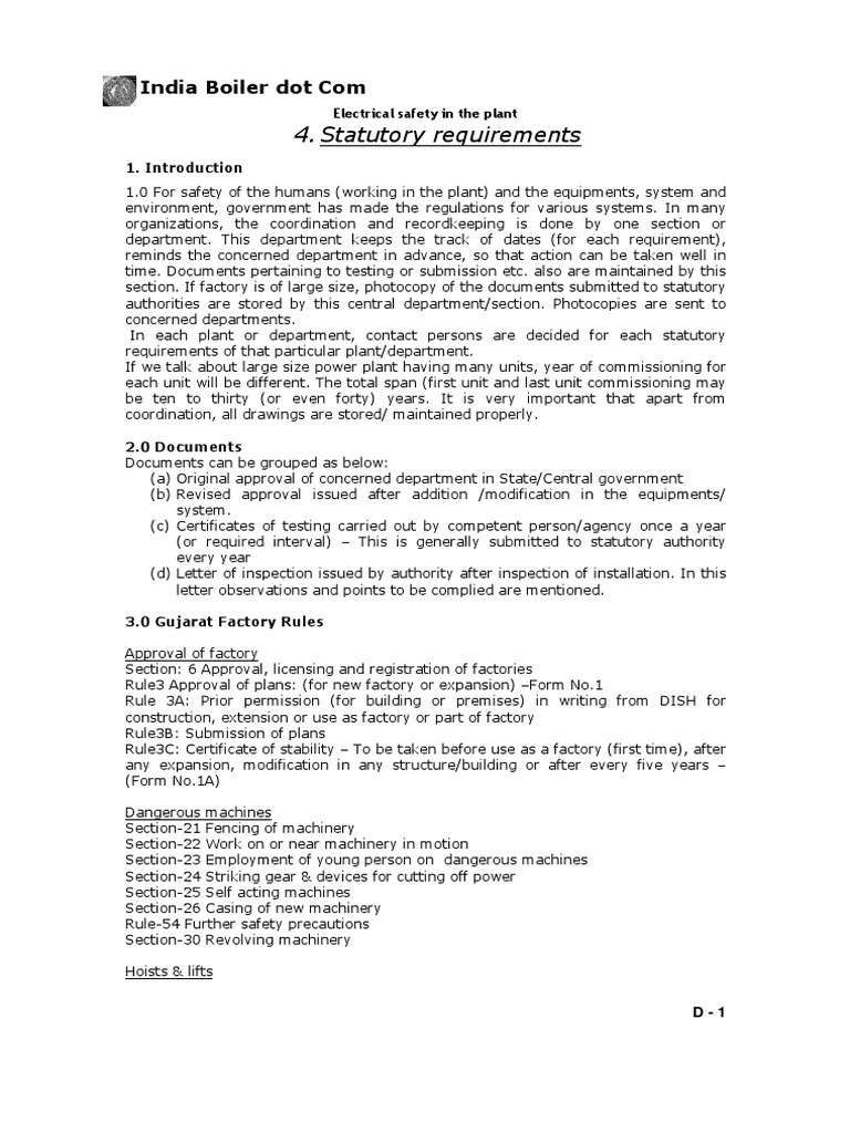 Statutory Requirements | PDF | Safety | Electrical Wiring