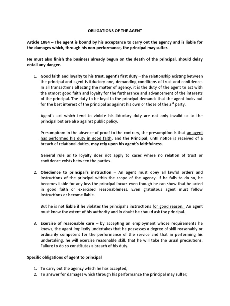 Obligations of The Agent | Download Free PDF | Law Of Agency | Legal ...