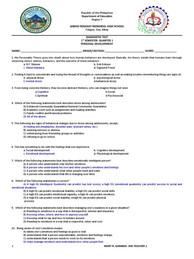 Perdev Diagnostic Test 1ST QTR | PDF | Self | Child Development