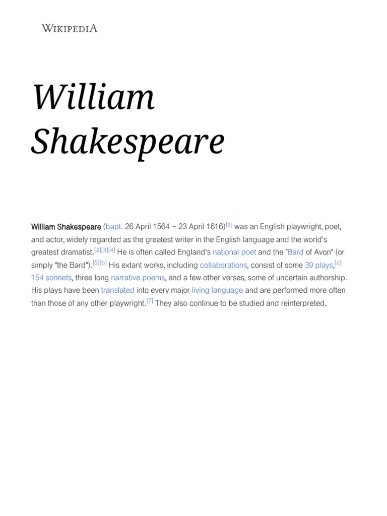 William Shakespeare - Wikipedia | PDF | William Shakespeare