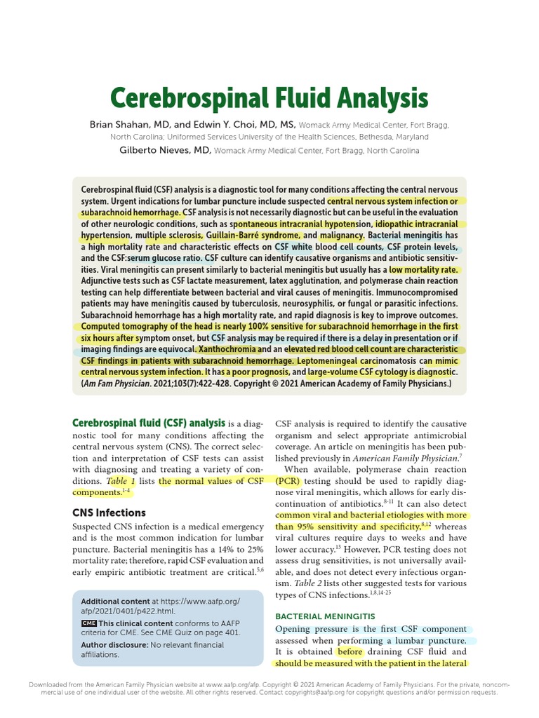 CSF Analysis AFP 2021 | PDF | Meningitis | Cerebrospinal Fluid