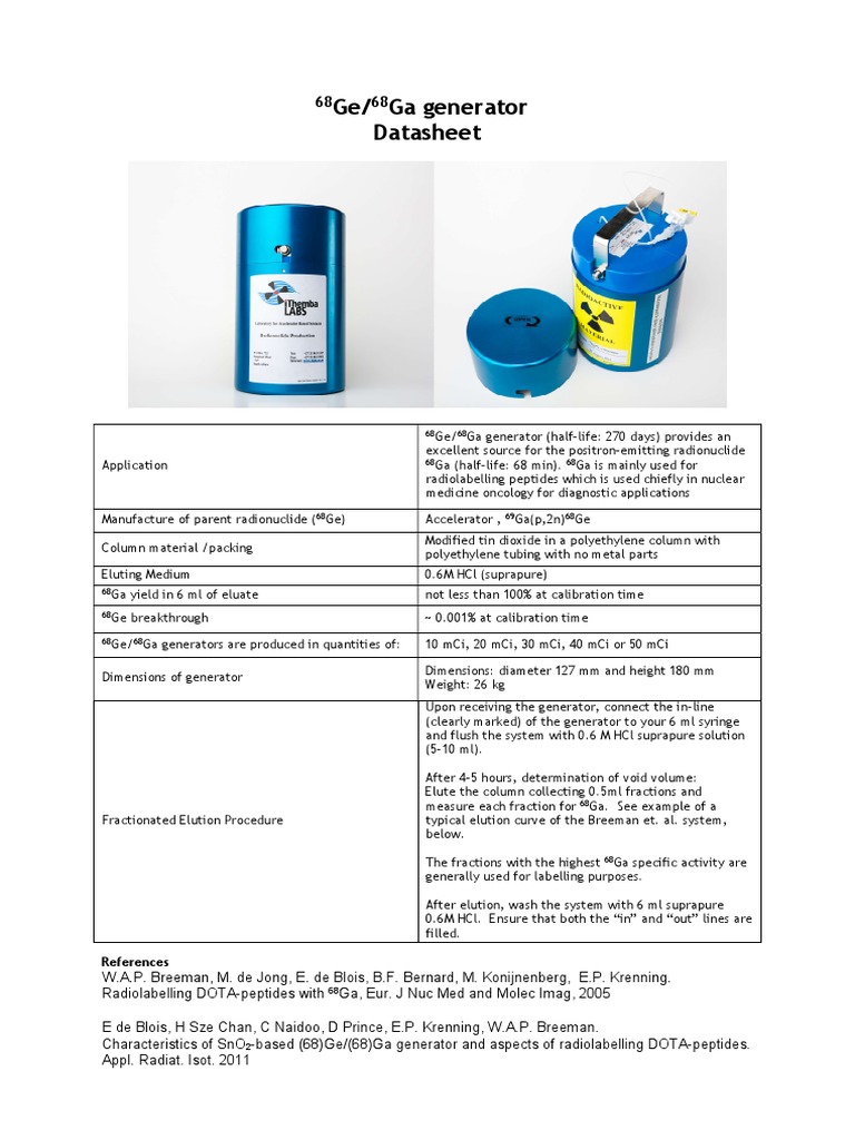 Ge/ Ga Generator Datasheet | PDF | Radioactive Tracer | Chemical Substances
