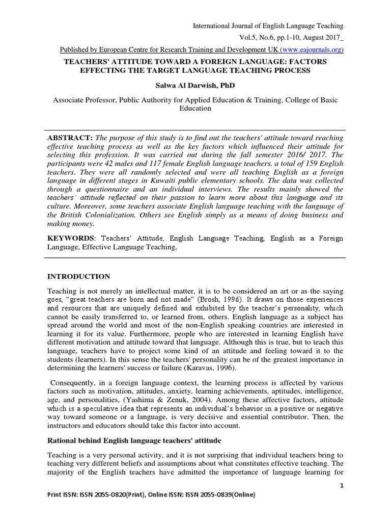 Teachers Attitude Toward A Foreign Language Factors Effecting The ...