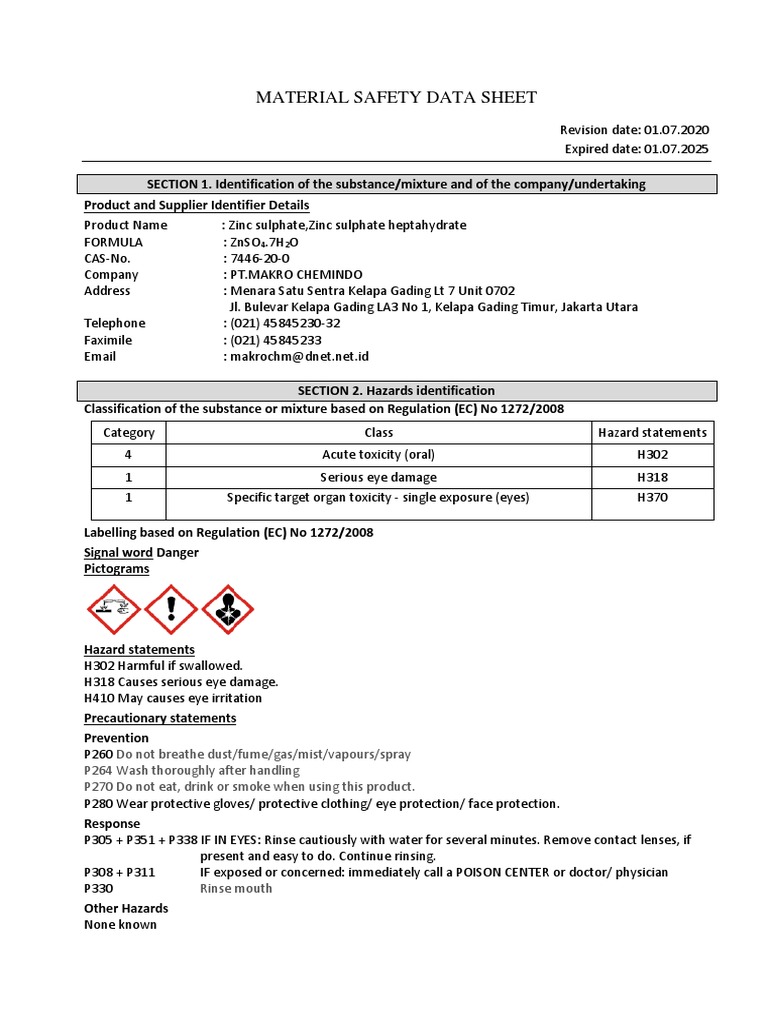 Zinc Sulphate - MSDS | PDF | Toxicity | Personal Protective Equipment