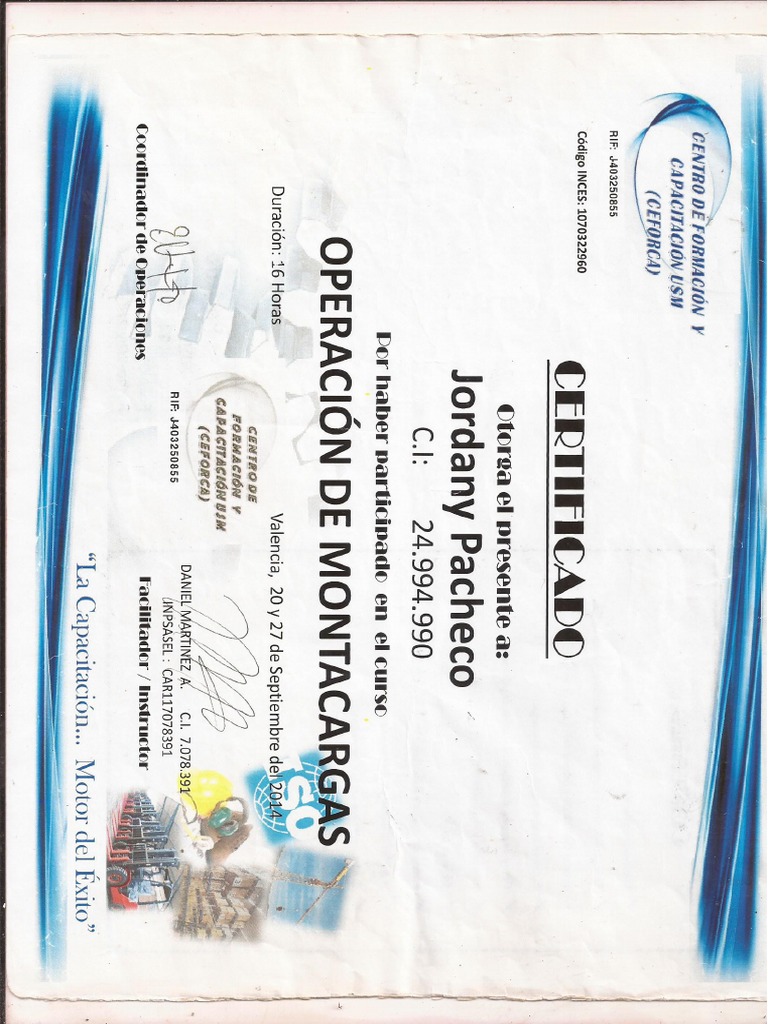 Certificado de Montacargas | PDF