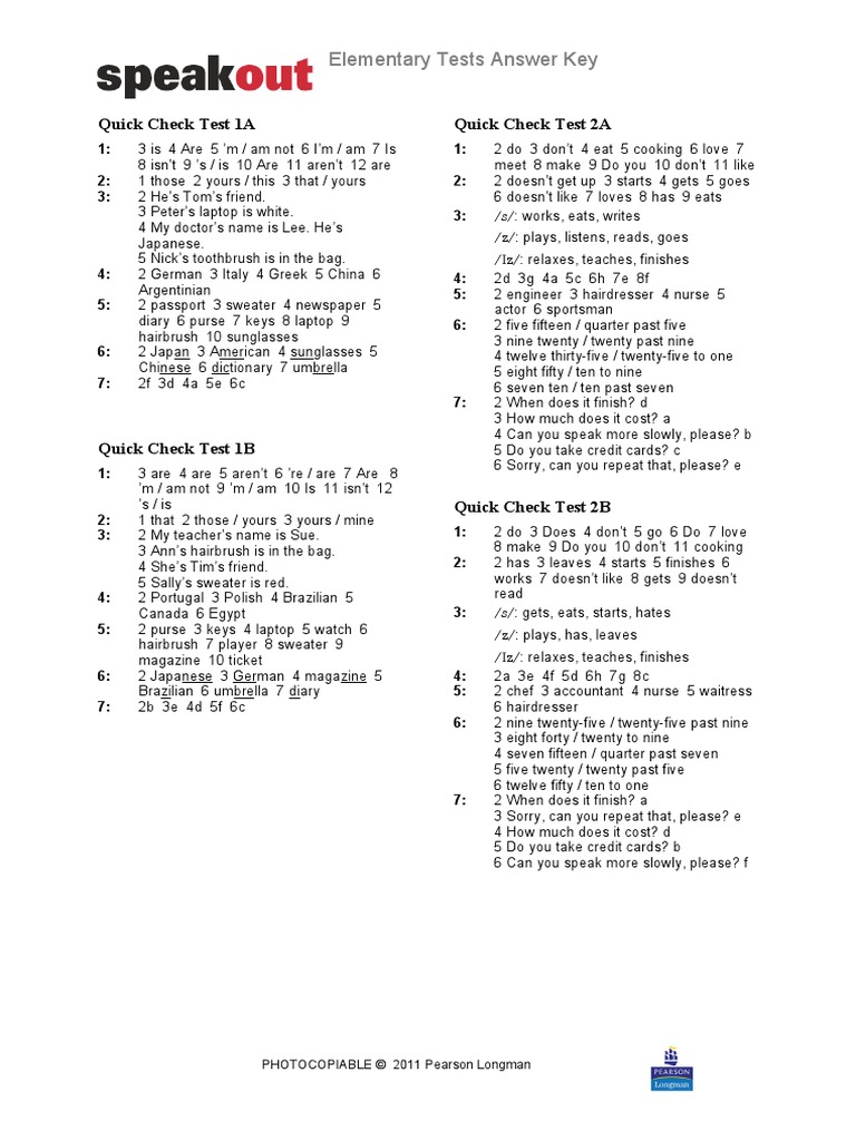 Elementary Tests Answer Key: Quick Check Test 1A Quick Check Test 2A ...