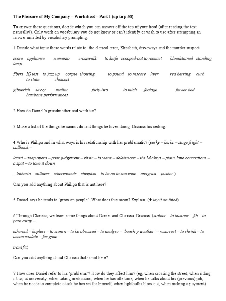 The Pleasure of My Company - Worksheet - Parts I and II | PDF | Young Adult