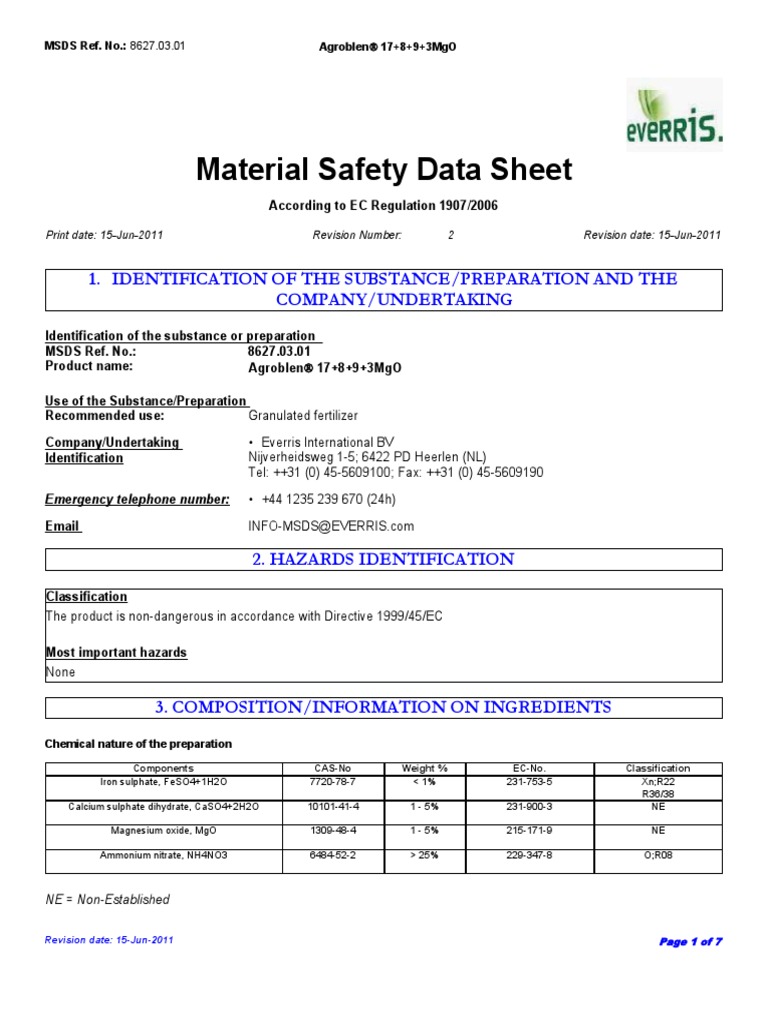 Material Safety Data Sheet: 1. Identification of The Substance ...