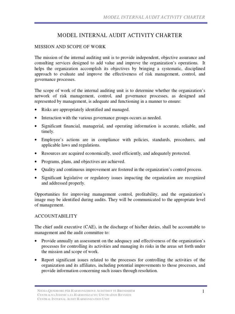 Model Internal Audit Activity Charter: Mission and Scope of Work | PDF ...