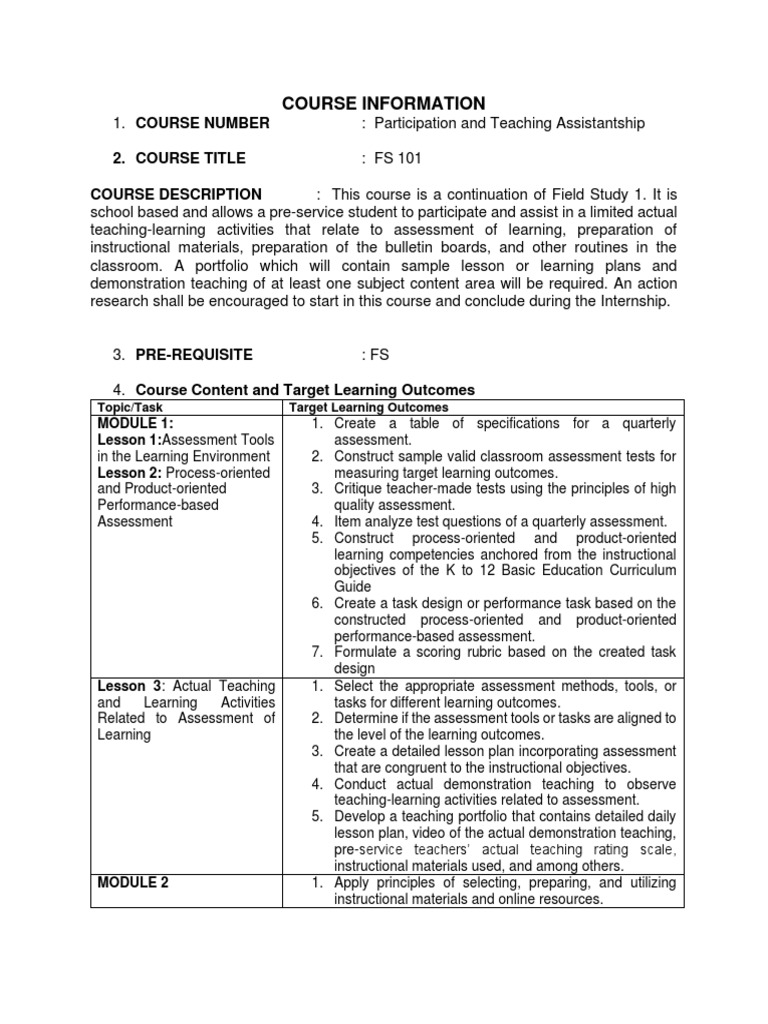 FS-101 Course Outline | PDF | Educational Assessment | Classroom Management