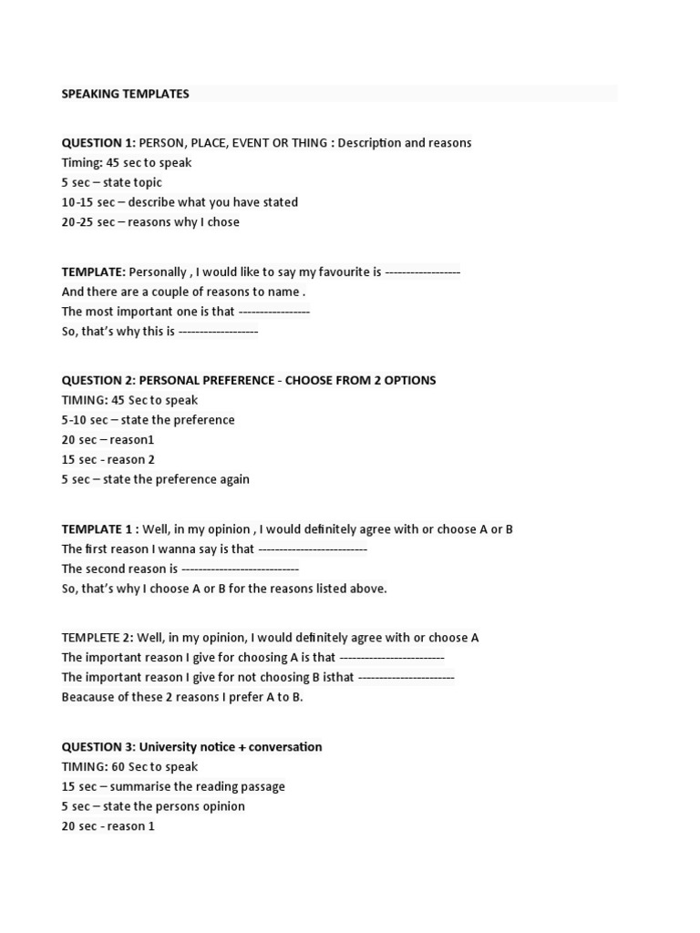 Speaking + Writing Templates | PDF | Reason | Theory