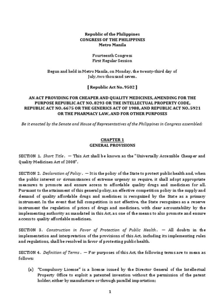 Republic Act 9502 | PDF | Patent | Glossary Of Patent Law Terms