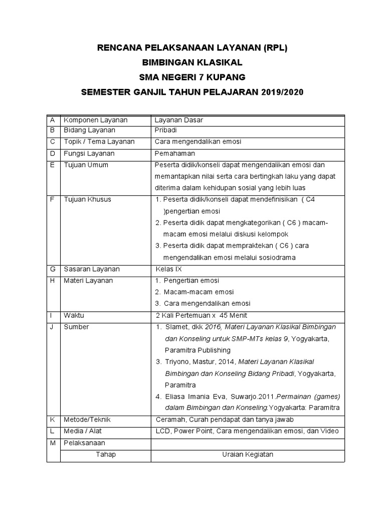 Rencana Pelaksanaan Layanan (RPL) Bimbingan Klasikal Sma Negeri 7 ...