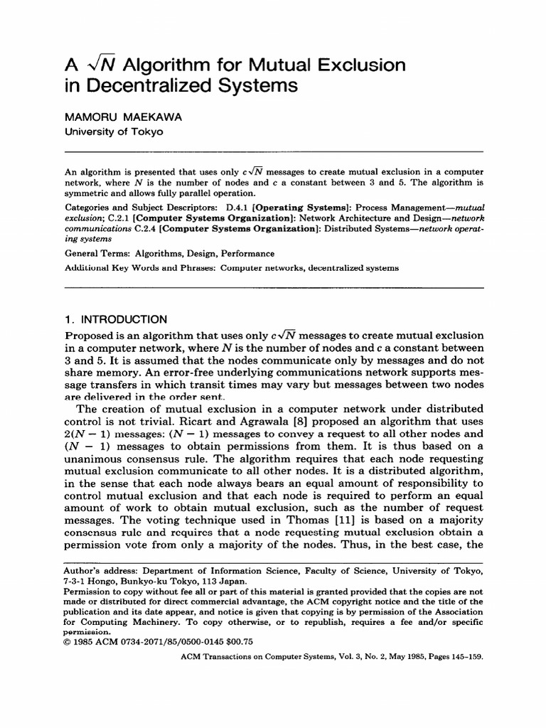 A Da/ Algorithm For Mutual Exclusion in Decentralized Systems | PDF | Distributed Computing ...