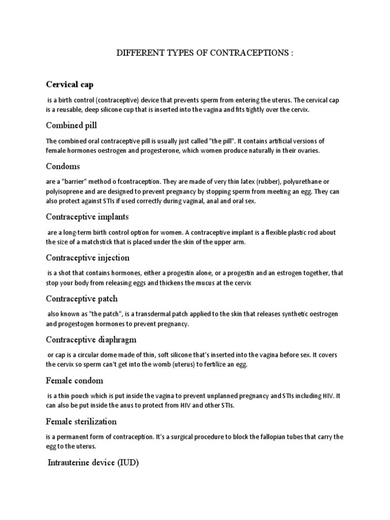 Different Types of Contraceptions | PDF | Birth Control | Women's Health