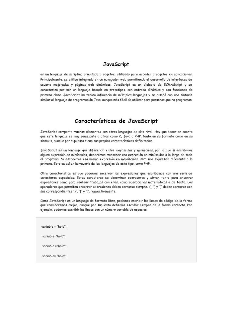Características Y Tipos De Datos En Javascript Pdf Script Java