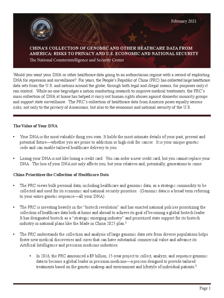 National Counterintelligence and Security Center (NCSC) China Genomics ...