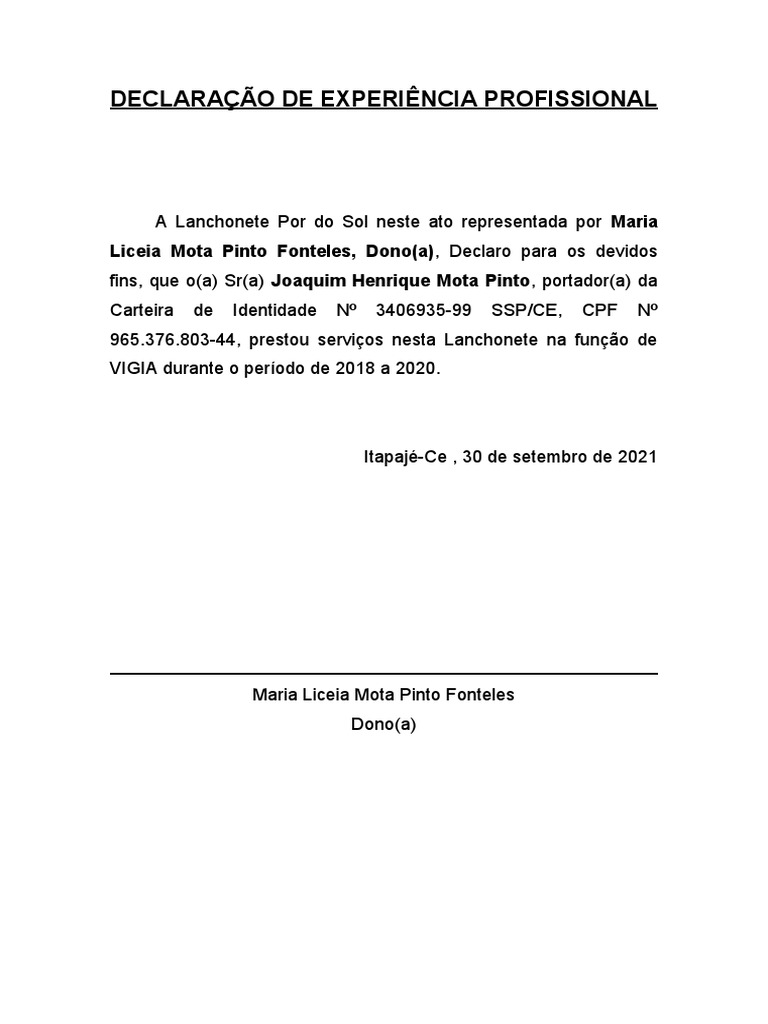 Declaração de Experiência Profissional | PDF