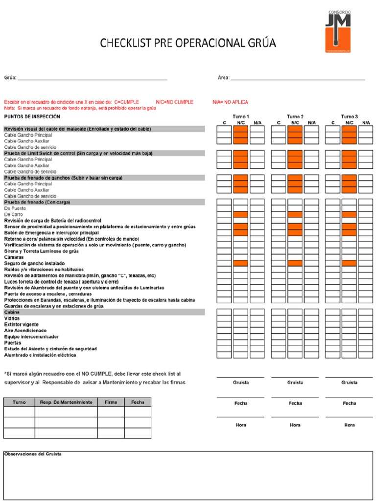 Checklist Pre Operacional Grua | PDF