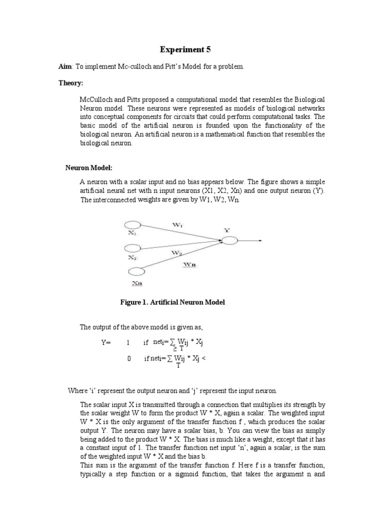 Experiment 5: Aim: To Implement Mc-Culloch and Pitt's Model For A Problem. Theory | Download ...