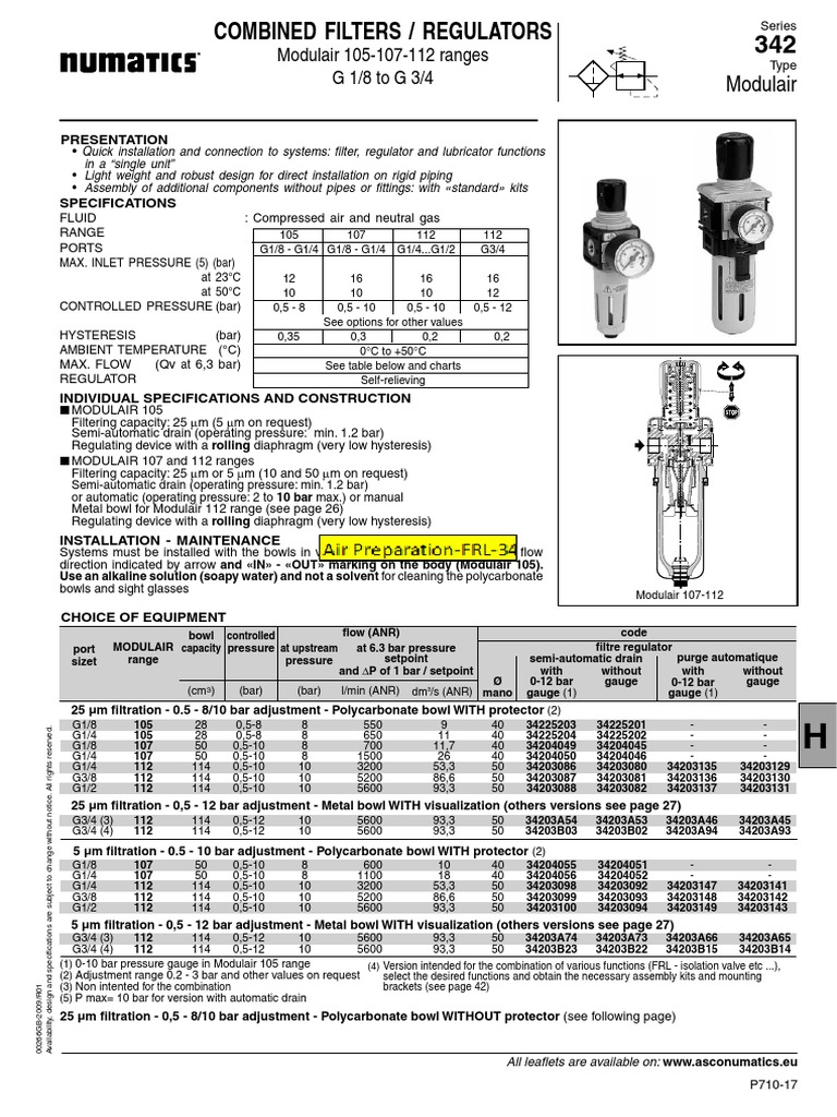 Combined Filters / Regulators 342: Modulair 105-107-112 Ranges G 1/8 To ...