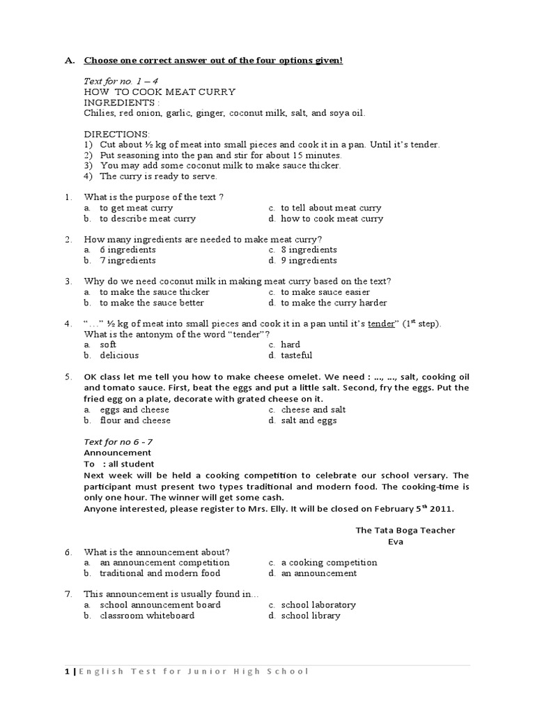 English Test For Junior High School | PDF | Curry | Sauce