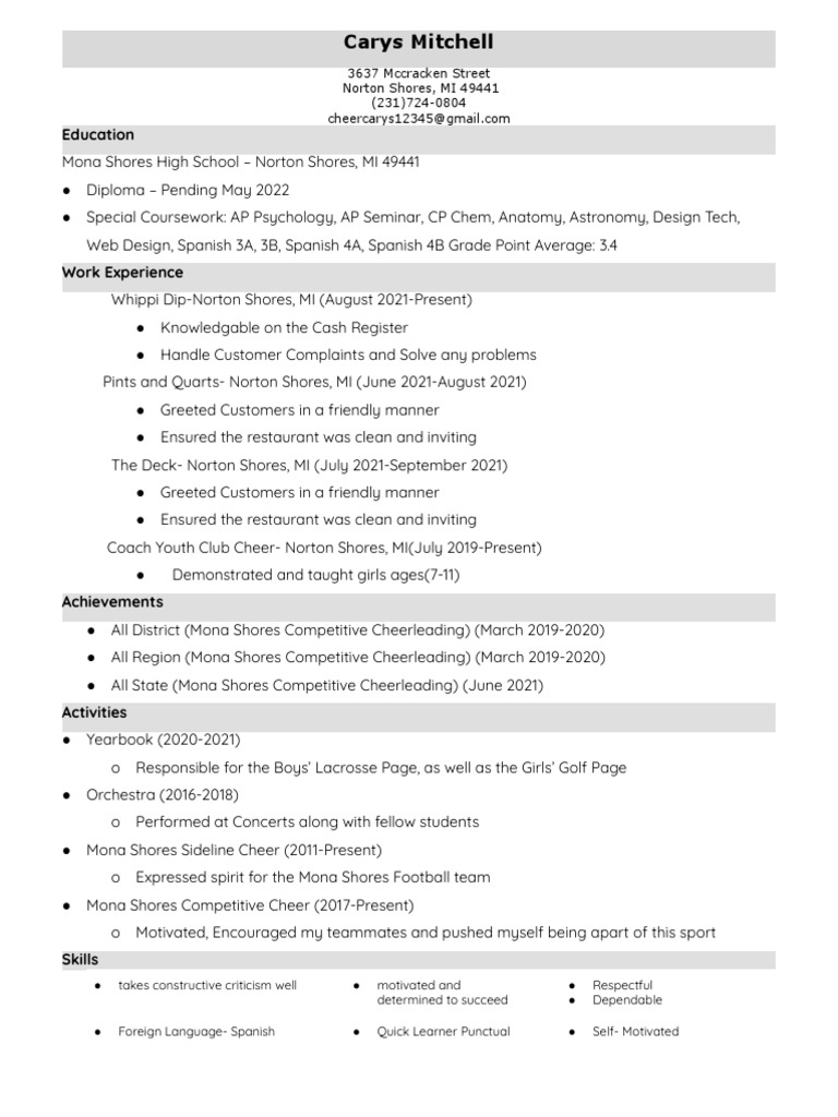 Carys Mitchell - Resume 2021 | PDF