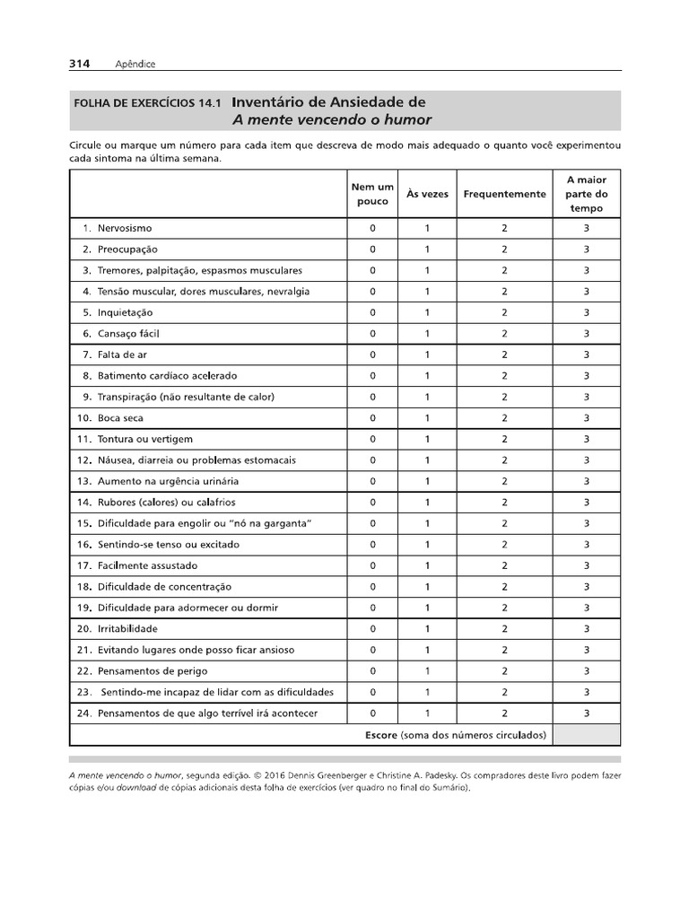 Inventário de Ansiedade Com Correção | PDF