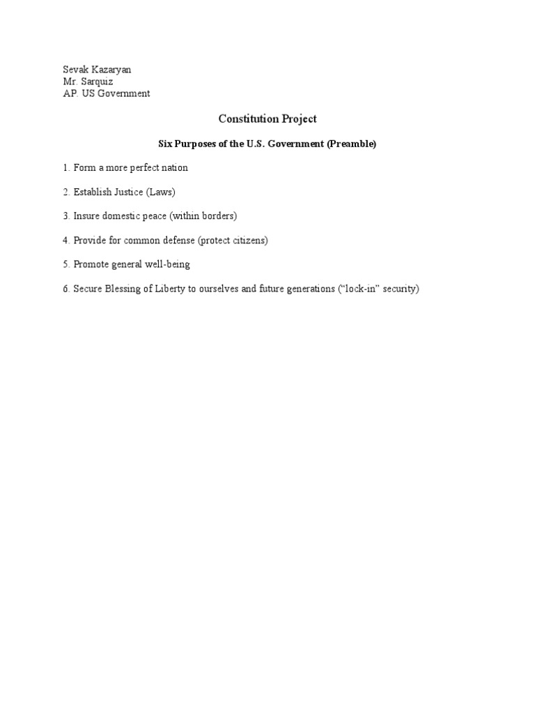 Constitution Project: Six Purposes of The U.S. Government (Preamble ...