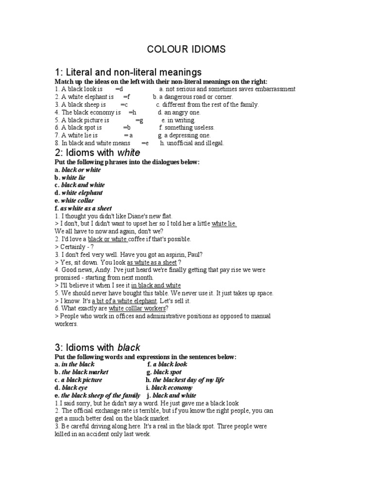 Colour Idioms 1: Literal and Non-Literal Meanings | PDF