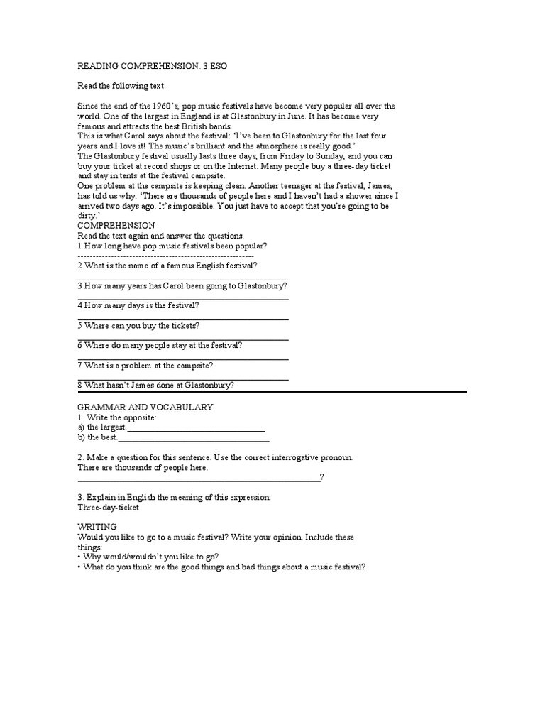 READING COMPREHENSION 3 Eso | PDF