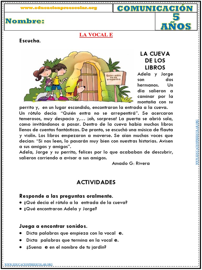 Aprendiendo La Vocal E para Niños de 5 Años | PDF