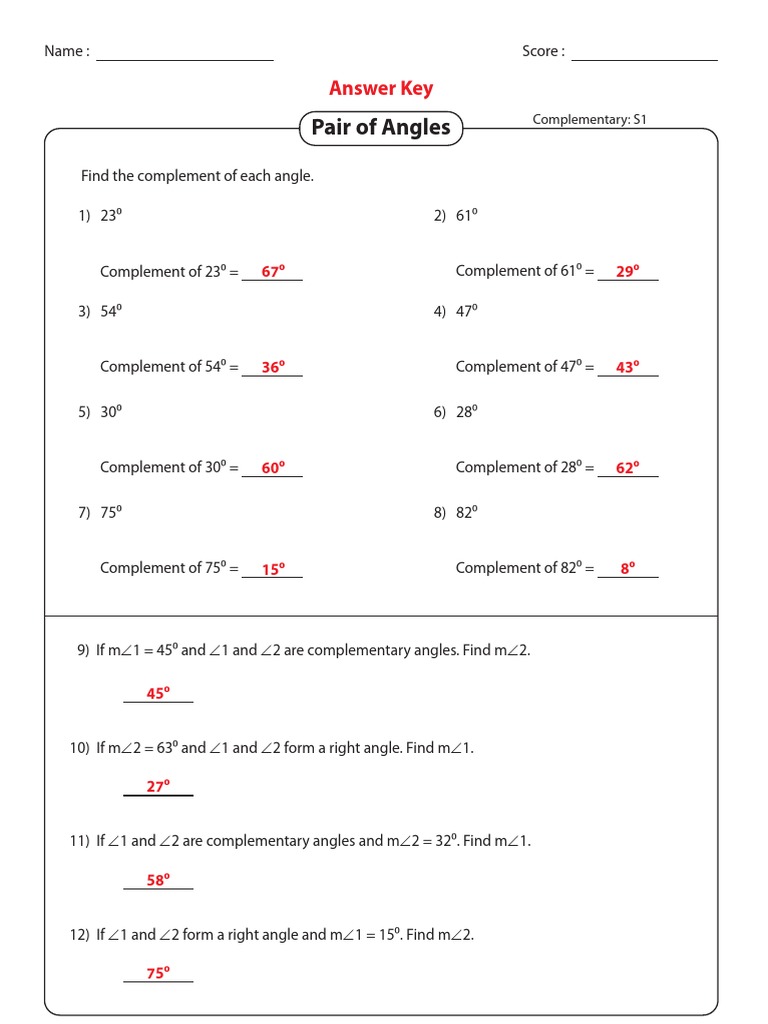 Pair of Angles: Answer Key | PDF | Geometry | Elementary Geometry