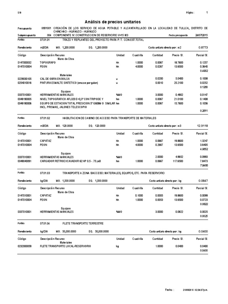 Acu Componente Iv Construccion de Reservorio V 15 M3 | PDF | Hormigón | Presupuesto