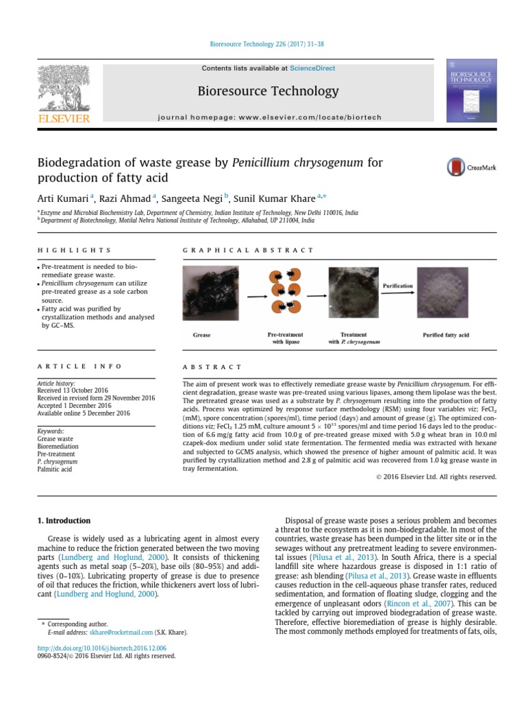 Biodegradation of Waste Grease by Penicillium Chrysogenum For ...