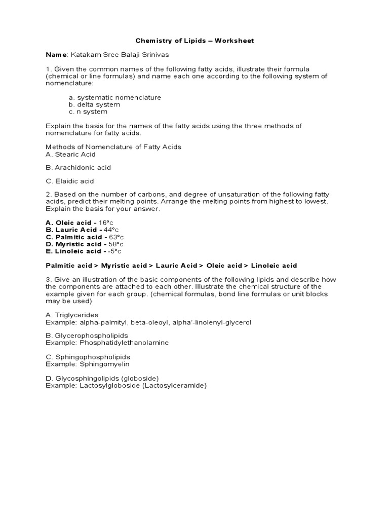 Worksheet On Chemistry of Lipids | PDF