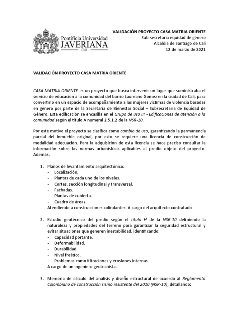 Validación Proyecto Casa Matria Oriente | PDF | Diseño