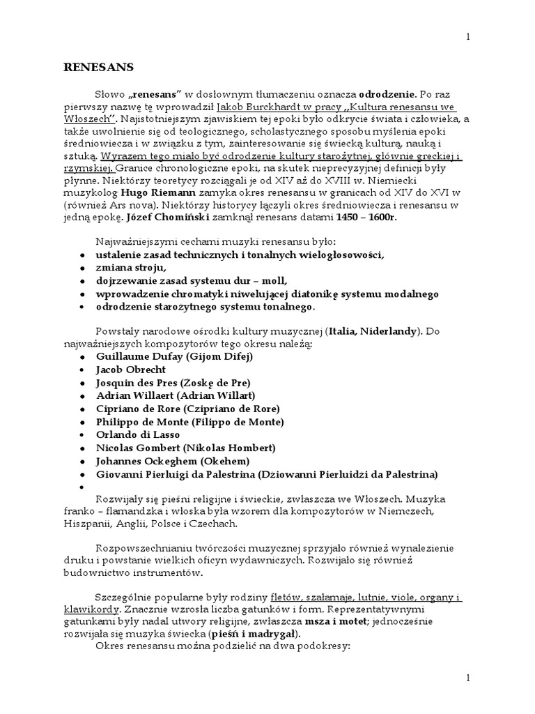 Historia Muzyki Renesans Notatki | PDF