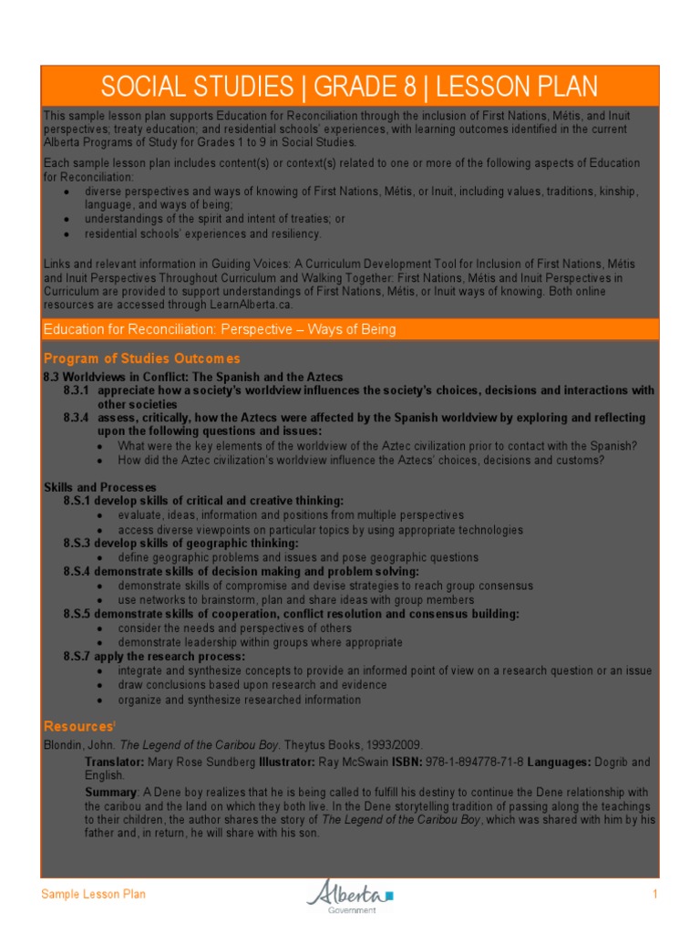 Social Studies - Grade 8 - Lesson Plan: Education For Reconciliation ...